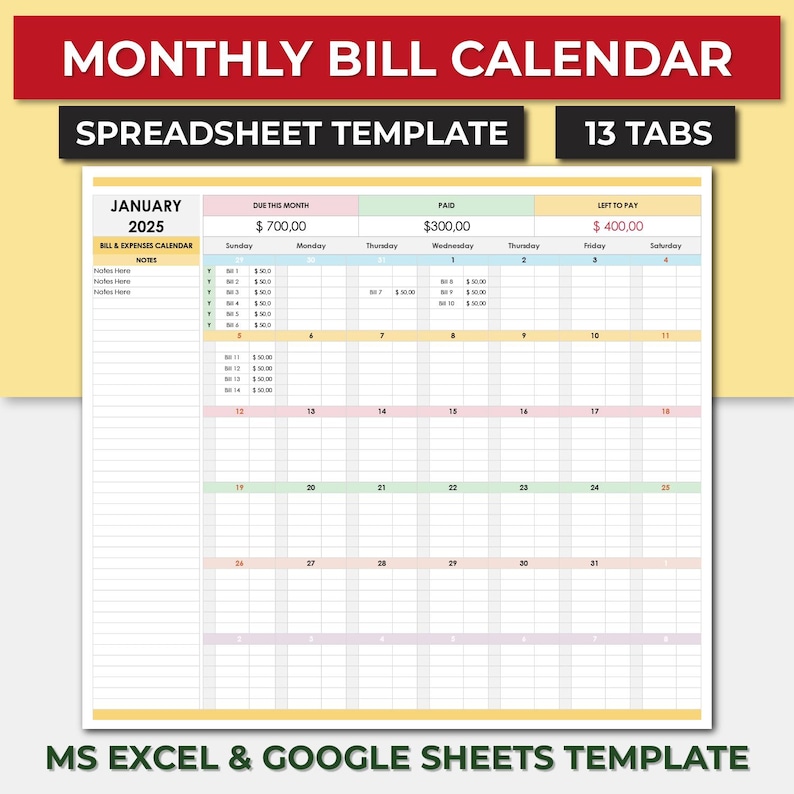 Bill Planner Excel Calendar Spreadsheet Template. Bill Tracker Spreadsheet. Google Sheets Bill ...
