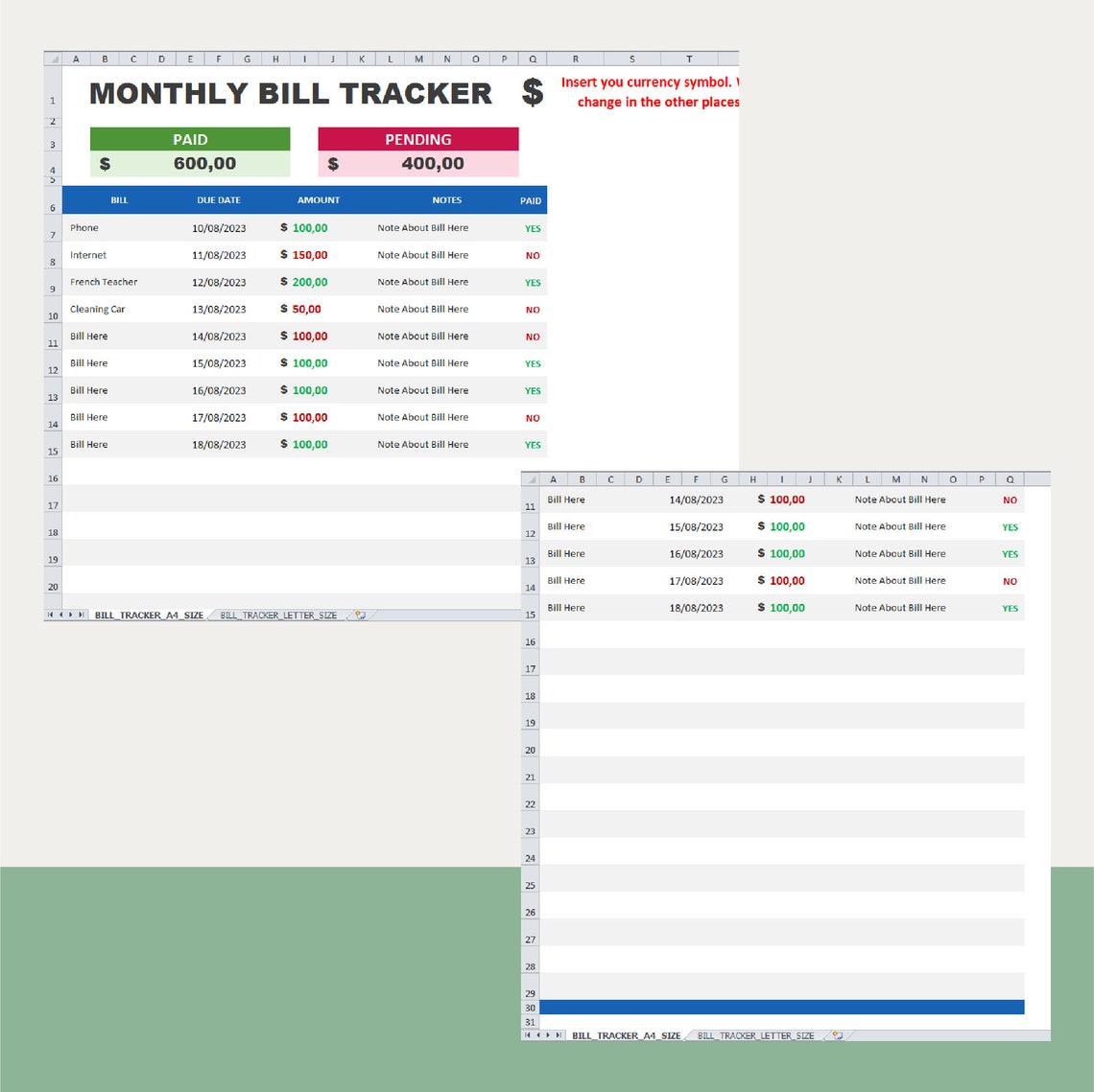 Excel Bill Spreadsheet,bill Payment Tracker,excel Bill Tracker,bill ...