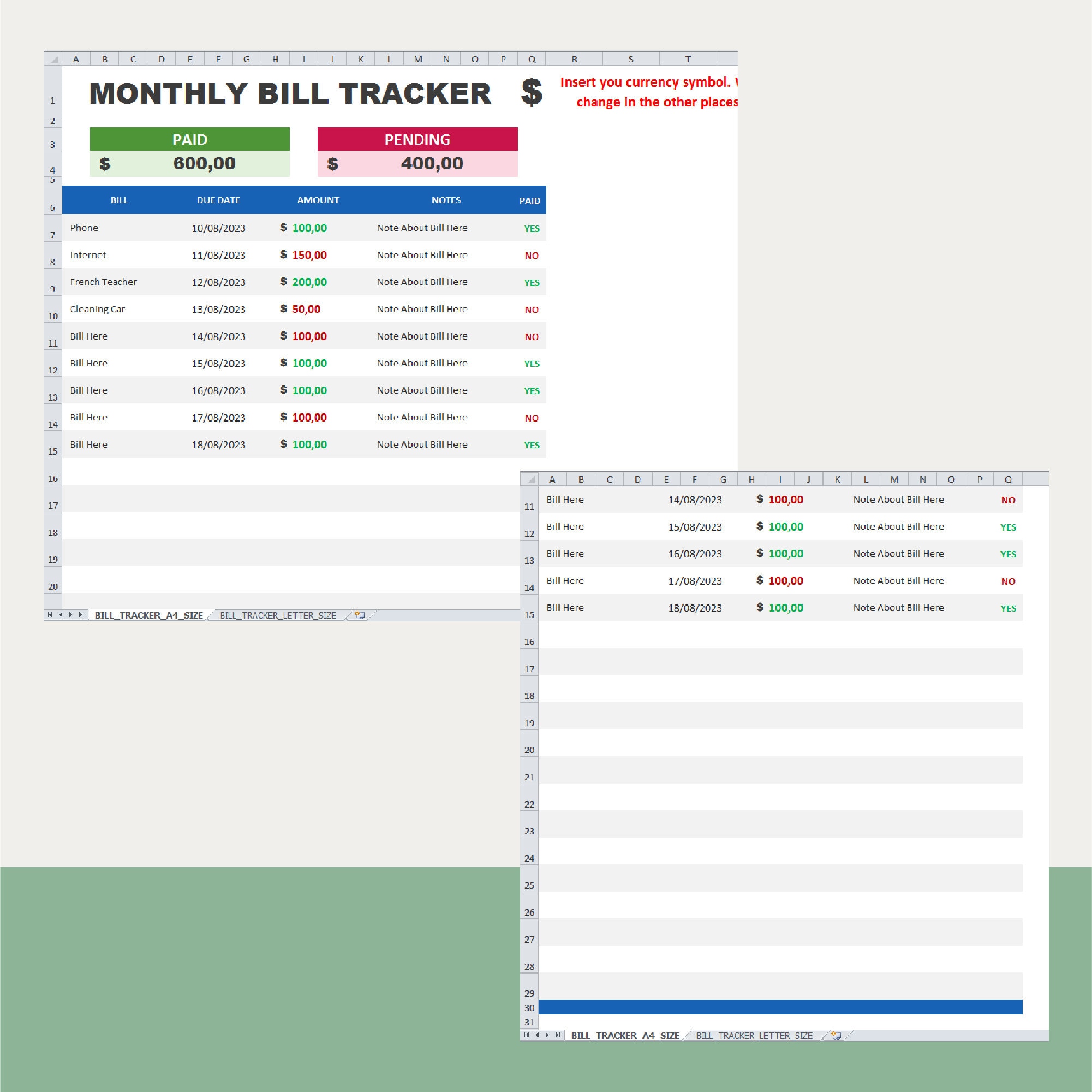 Excel Bill Spreadsheet,bill Payment Tracker,excel Bill Tracker,bill ...