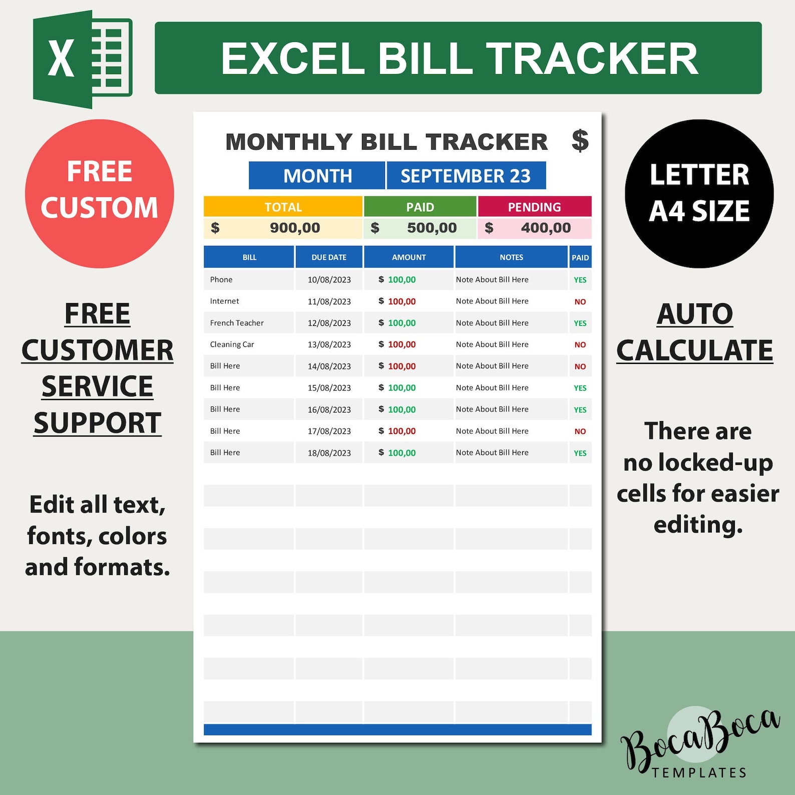 Excel Bill Tracker Template. Monthly Bill Management Tool. Track Paid ...