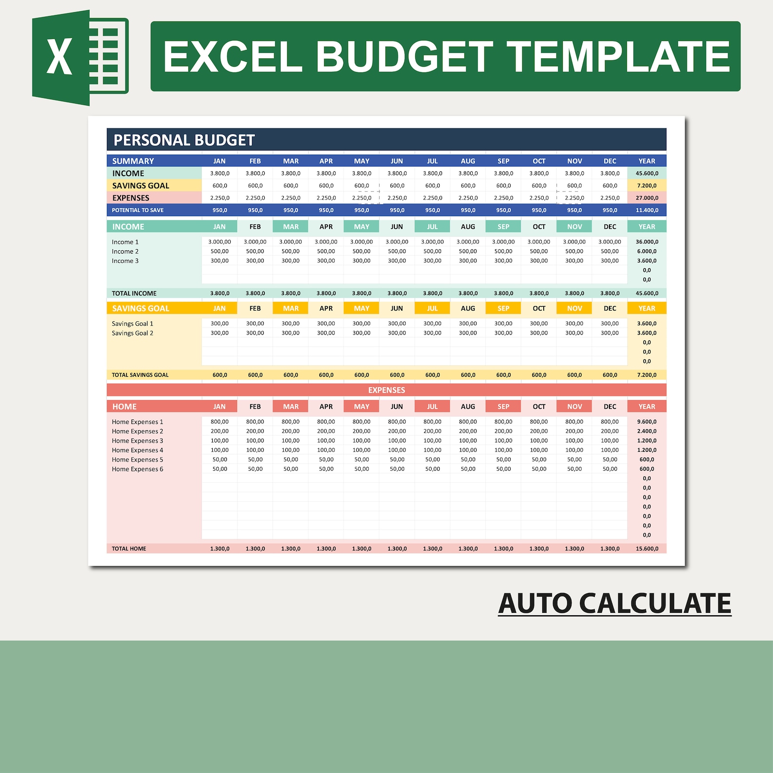 Excel Household Budget Template. Monthly Tracking Spreadsheet. Income ...