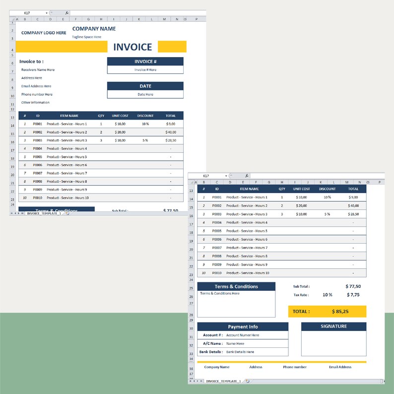 Excel Invoice Template. Excel Invoice Spreadsheet. Excel Invoice Sheet ...