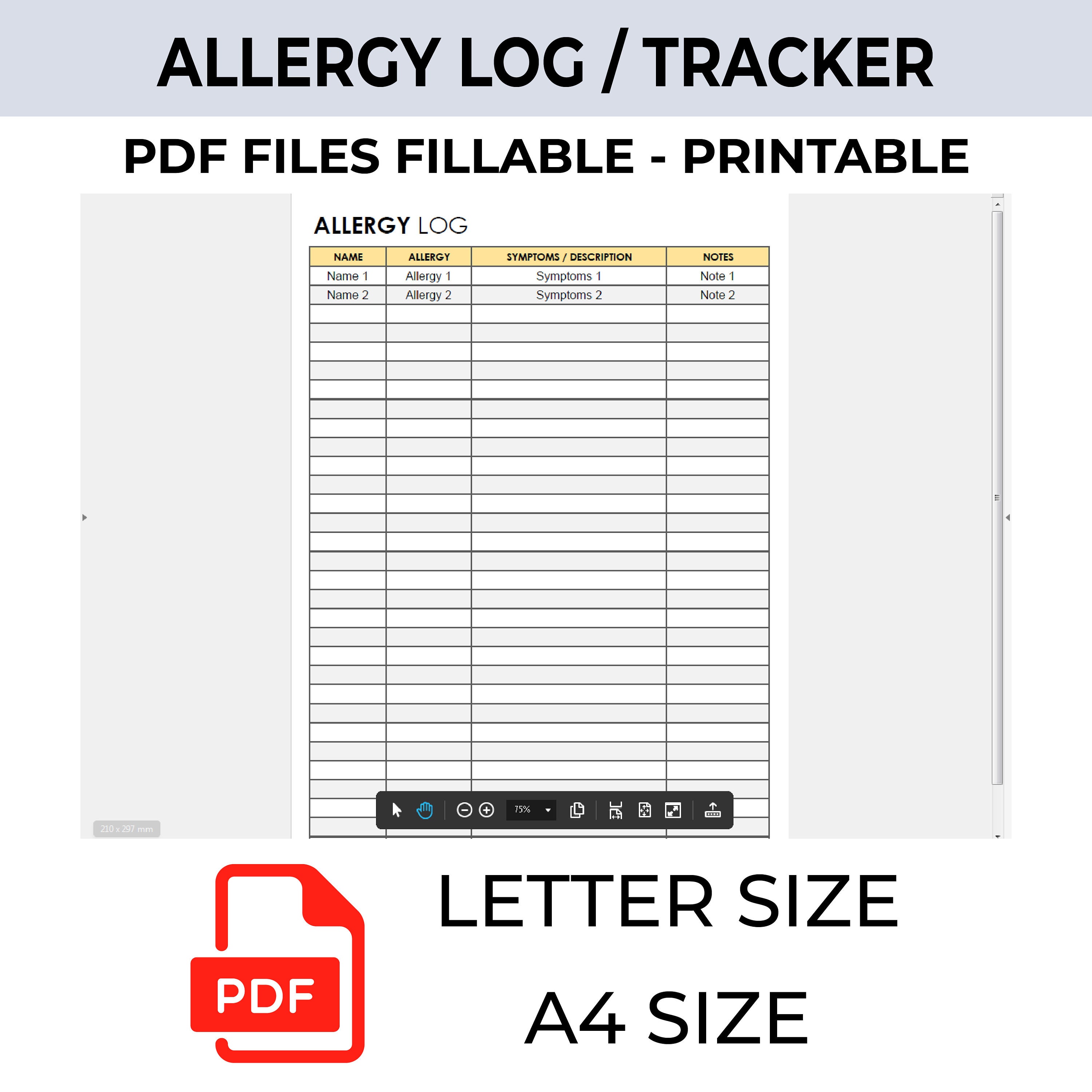 Printable Allergy Log, Allergy Tracker, Allergy Diary, Allergy Logbook, Symptom Tracker, Allergy ...