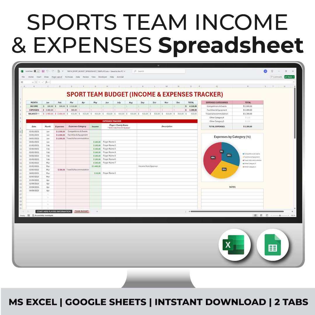 Sport Team Income & Expenses Tracker Spreadsheet Template. Player ...