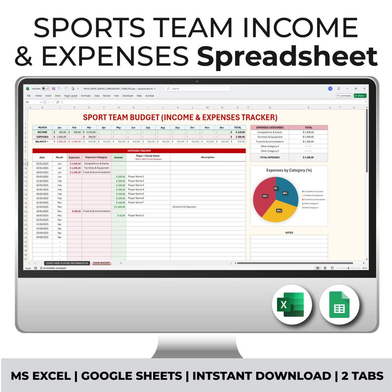 Sport Team Income & Expenses Tracker Spreadsheet Template. Player ...