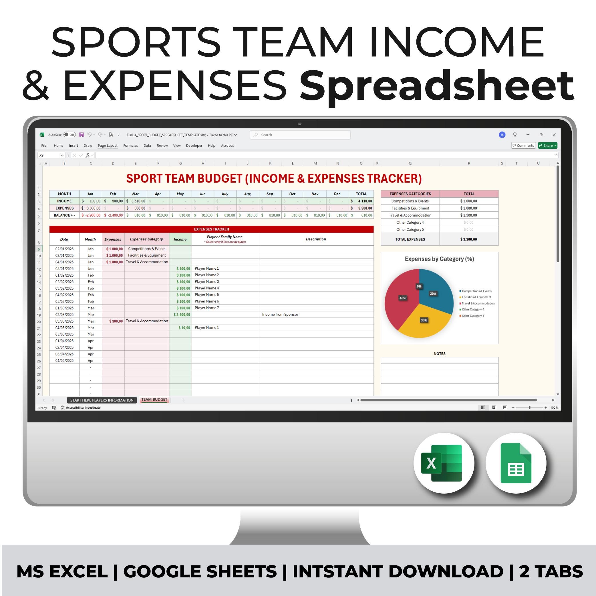 Sport Team Income & Expenses Tracker Spreadsheet Template. Player ...
