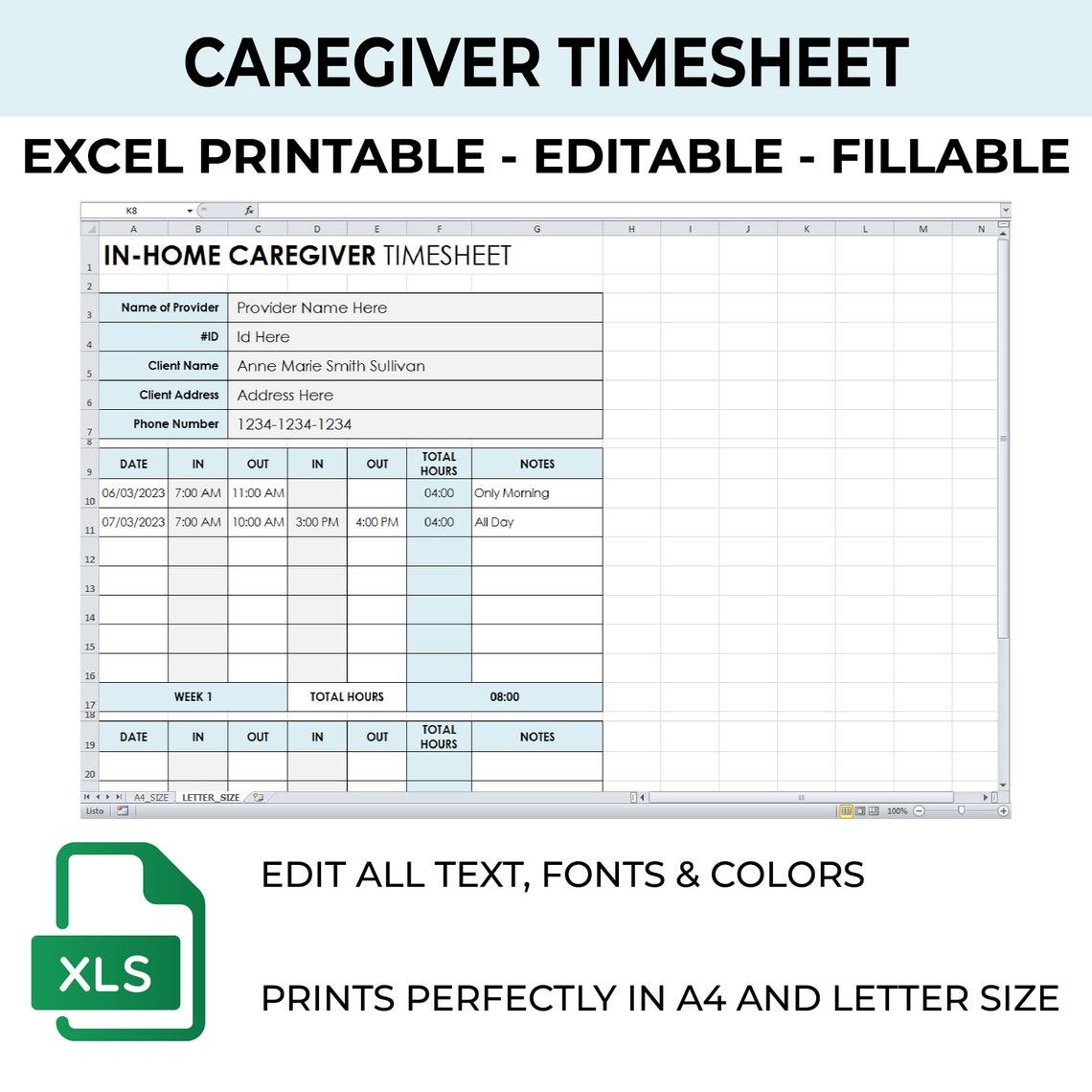 Editable Caregiver Timesheet, Home Health Care Time Sheet, Caregiver ...