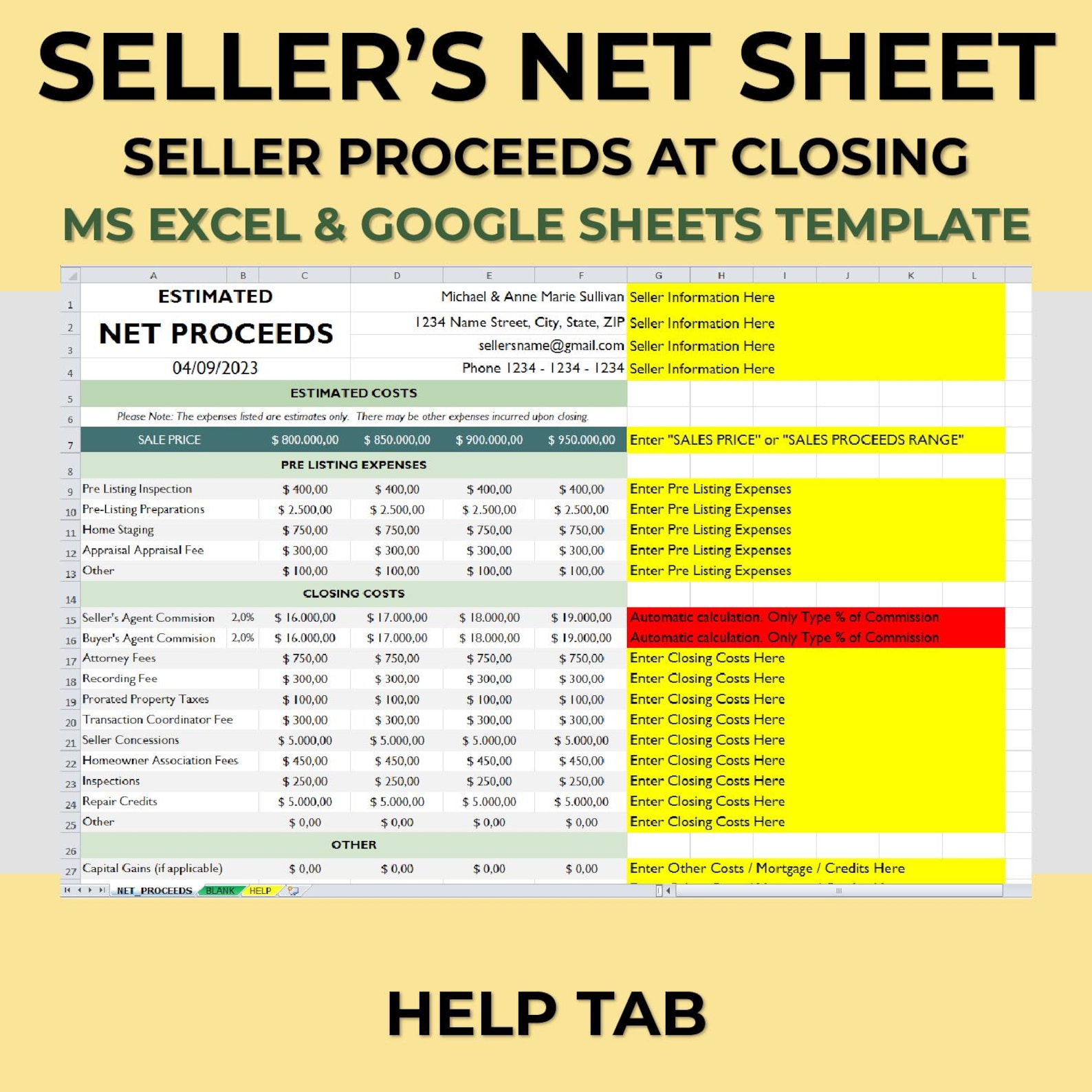Seller Net Proceeds Sheet Template. Excel & Google Sheets. Real State ...