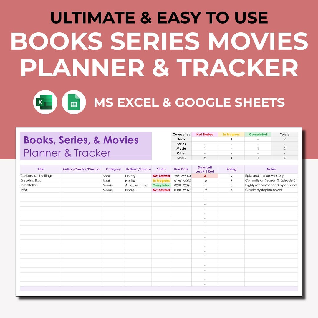 Books Series & Movies Planner Tracker Spredsheet Template, Excel Google ...