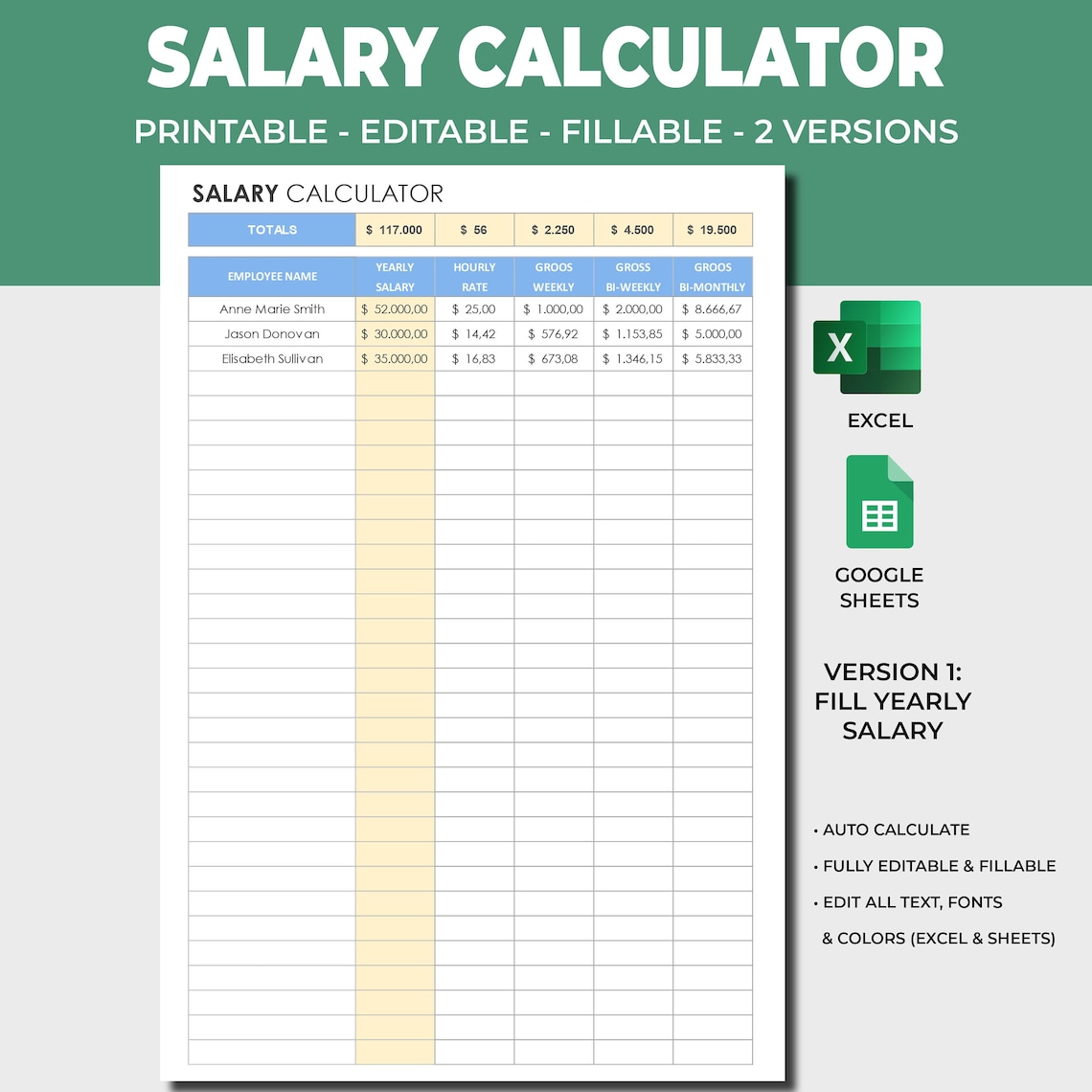 Salary Calculation Template: Excel & Google Sheets. Employee ...
