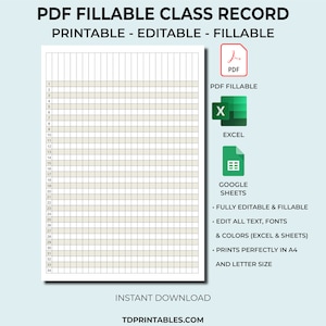 Printable Fillable Class Record, Class Gradebook, Teacher Gradebook ...