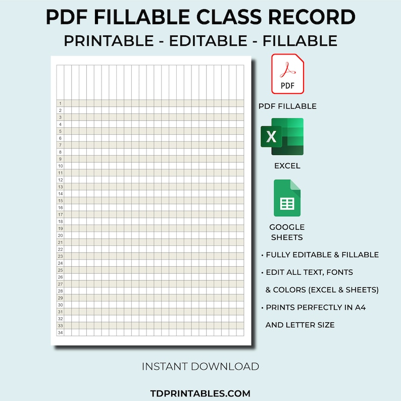Printable Fillable Class Record, Class Gradebook, Teacher Gradebook ...