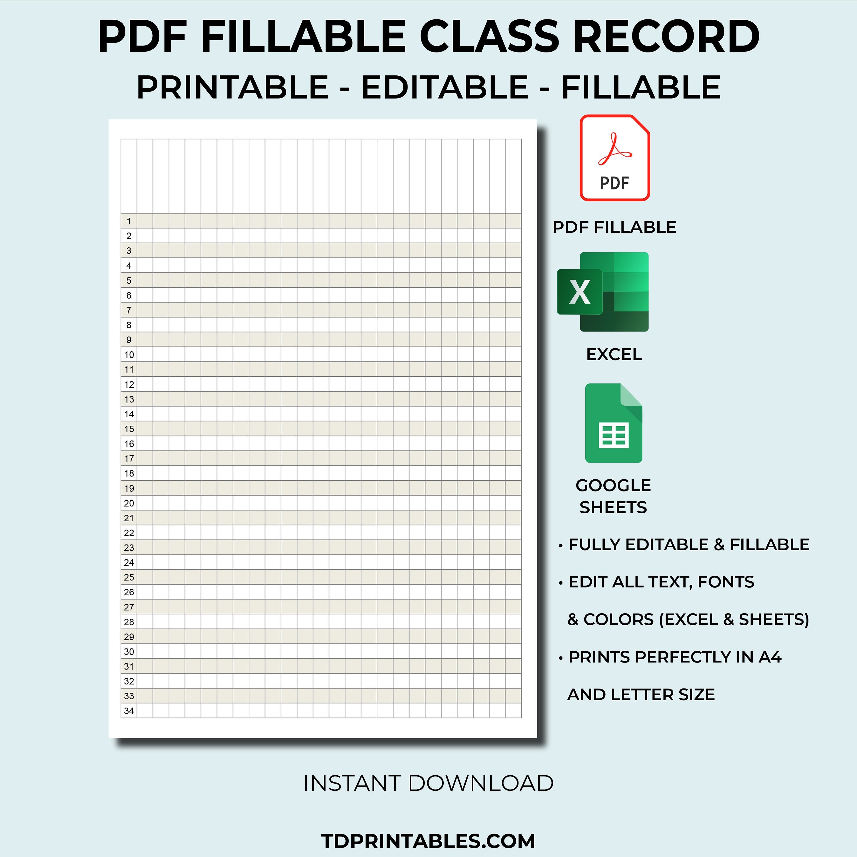 Printable Fillable Class Record, Class Gradebook, Teacher Gradebook ...