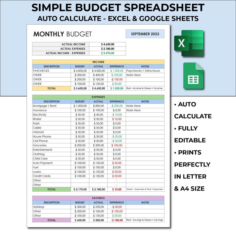 Simple Monthly Budget Editable. Income Expenses Savings Spreadsheet ...