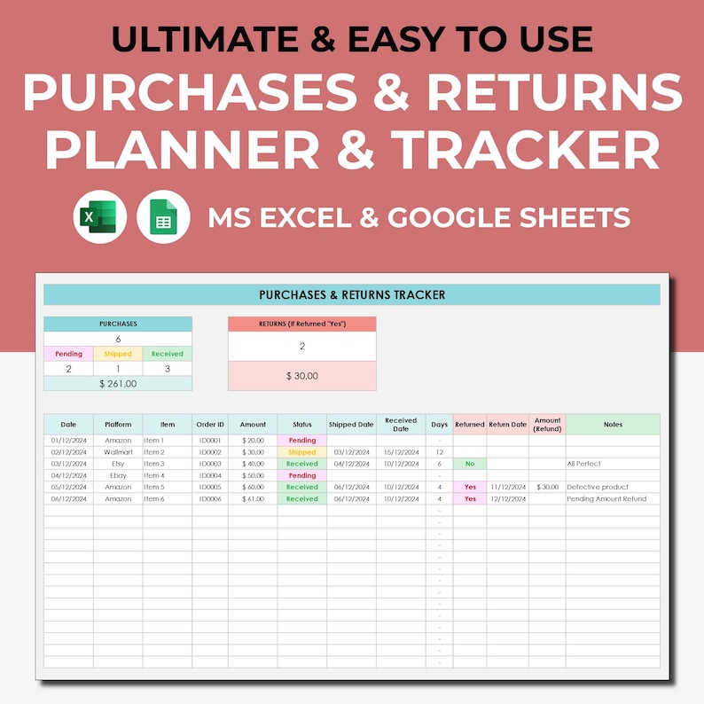 Purchases & Returns Tracker Spreadsheet Template, Excel Google Sheets ...