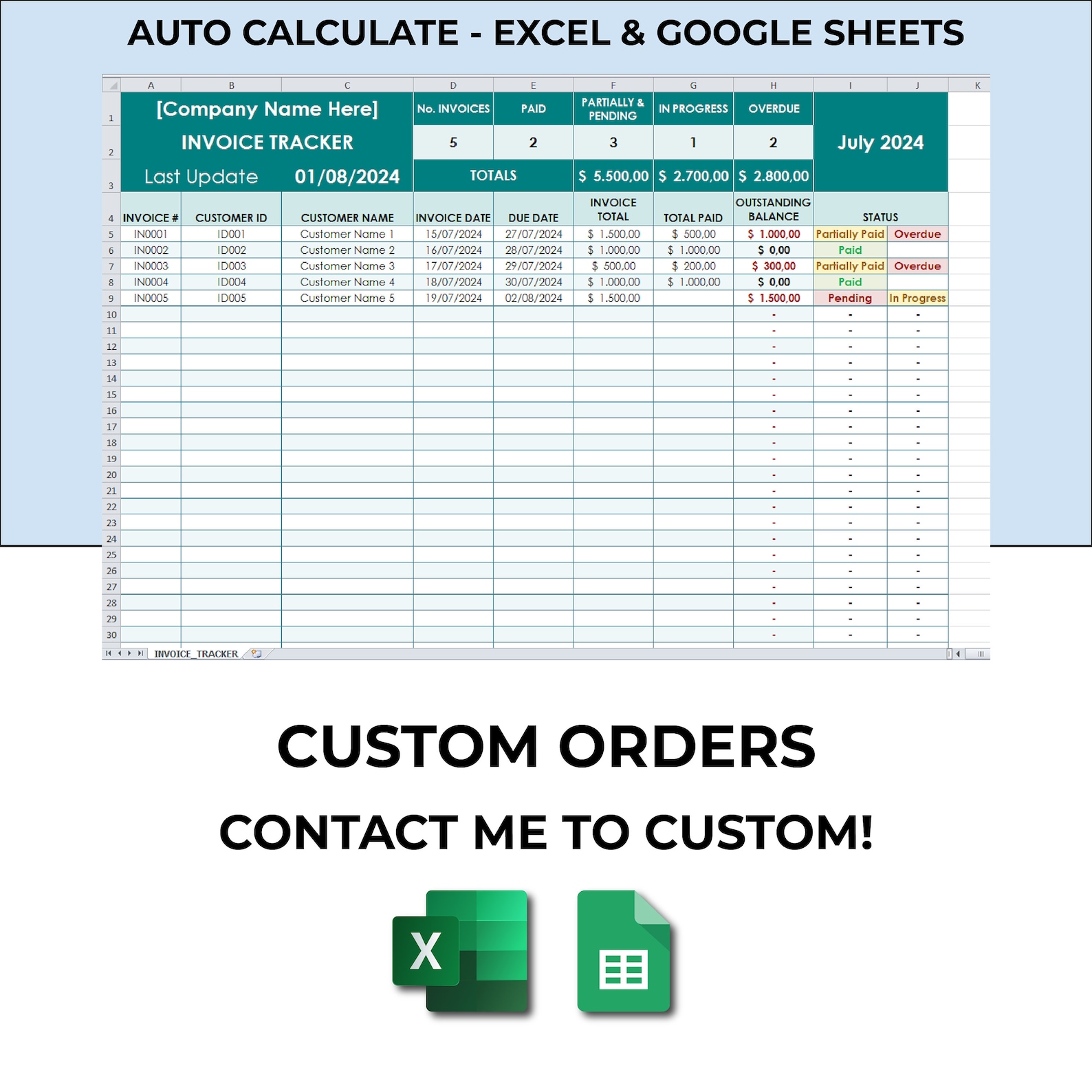 Invoice Tracker Spreadsheet Template. Excel Google Sheets. Customer ...
