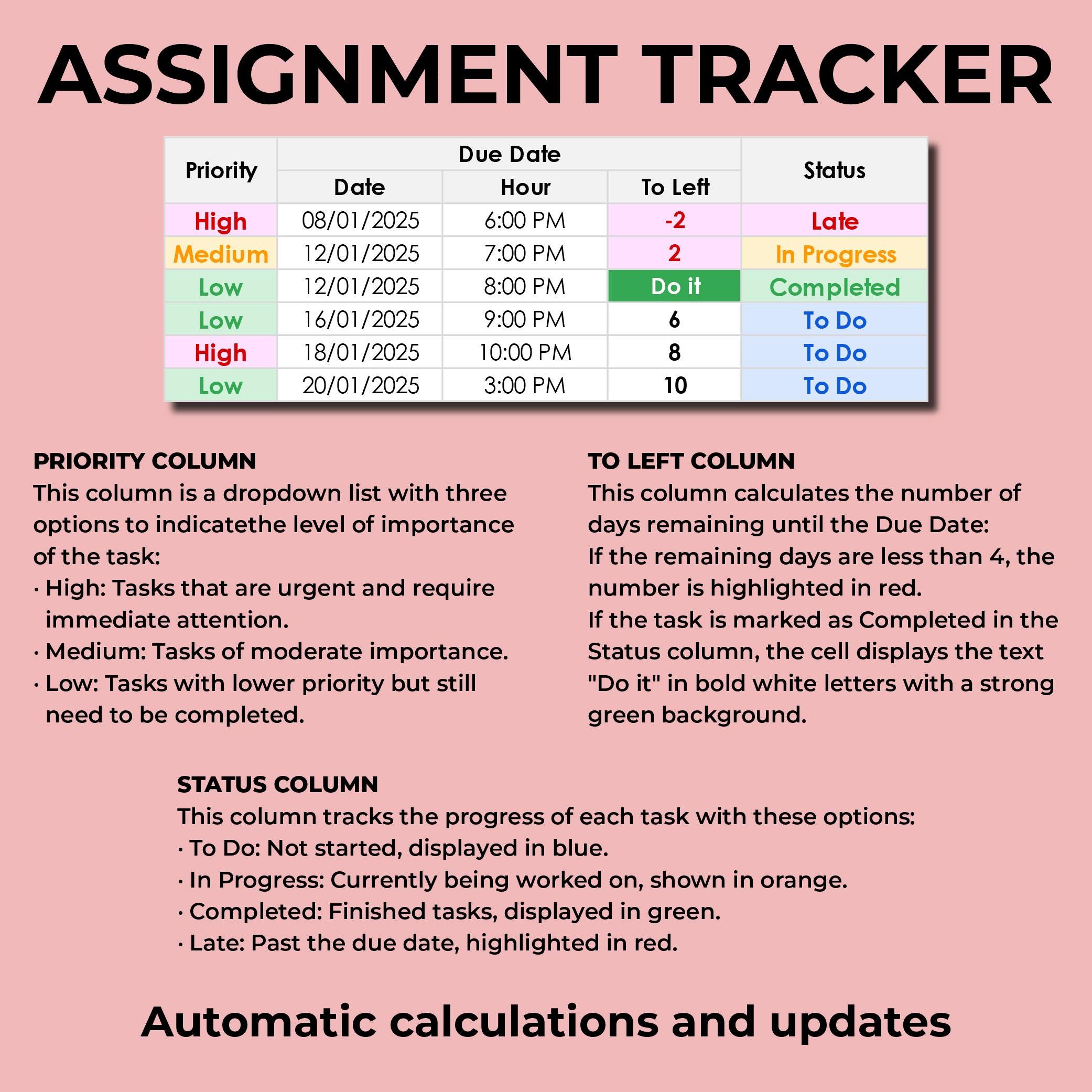 Google Sheets Study Tracker Template, Excel Student Assignment Tracker ...