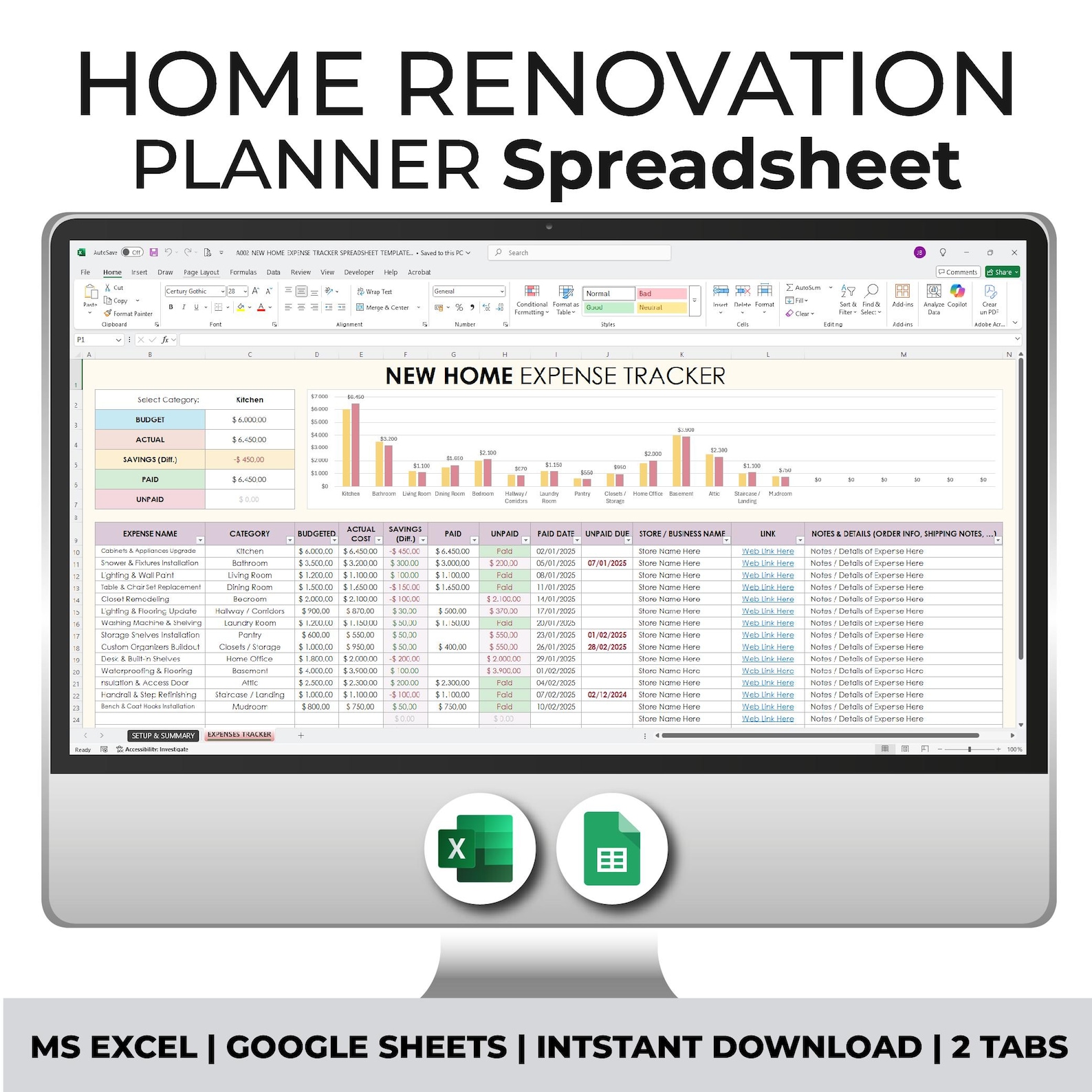 Home Renovation Cost Planner Spreadsheet Template, Home Improvement ...