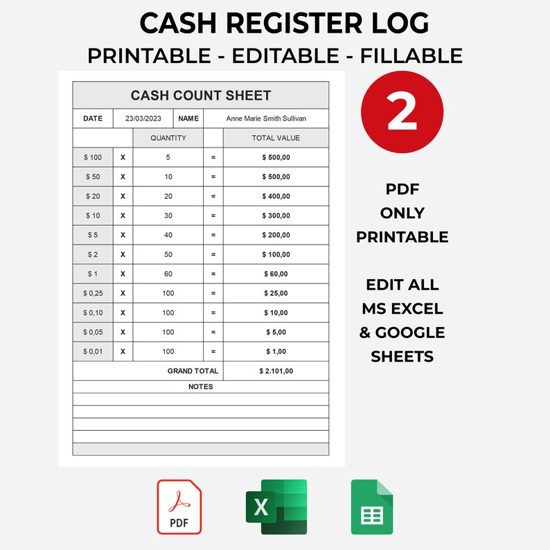 Cash Register Log, Cash Registry, Cash Log, Petty Cash, Money Log ...