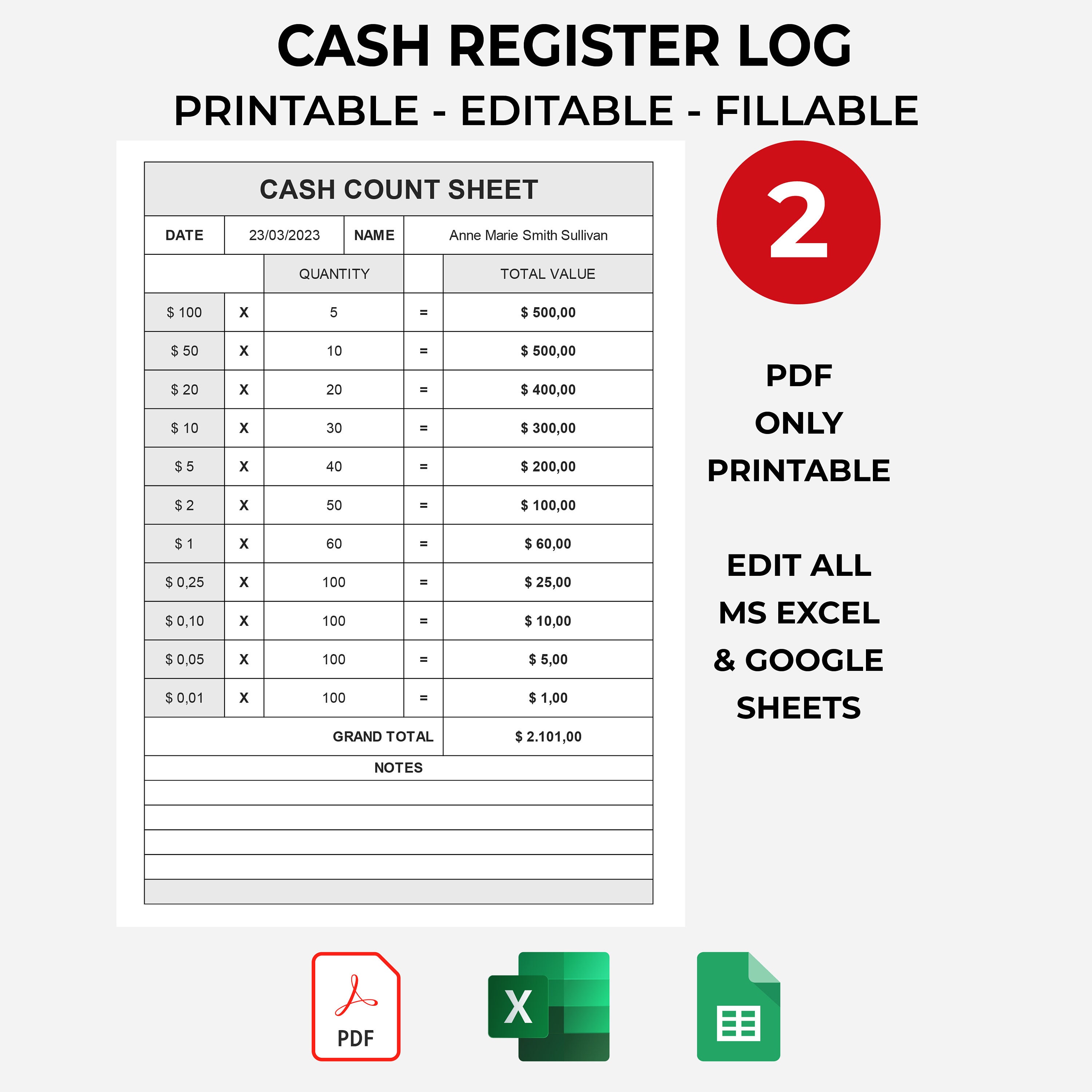 Cash Register Log, Cash Registry, Cash Log, Petty Cash, Money Log ...