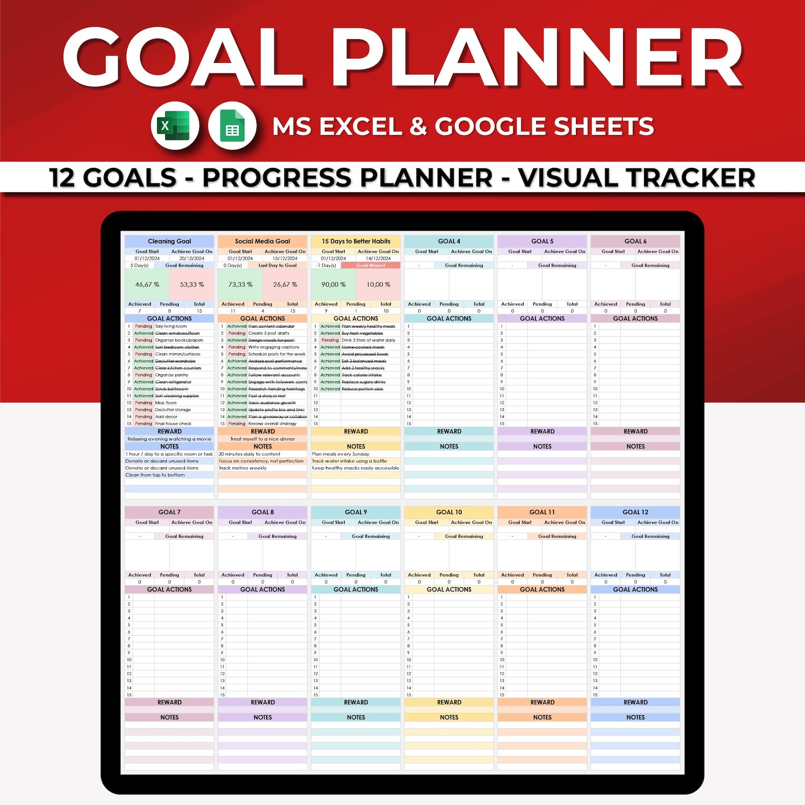 Goal Tracking Template. Excel & Google Sheets. Goal Achievement ...