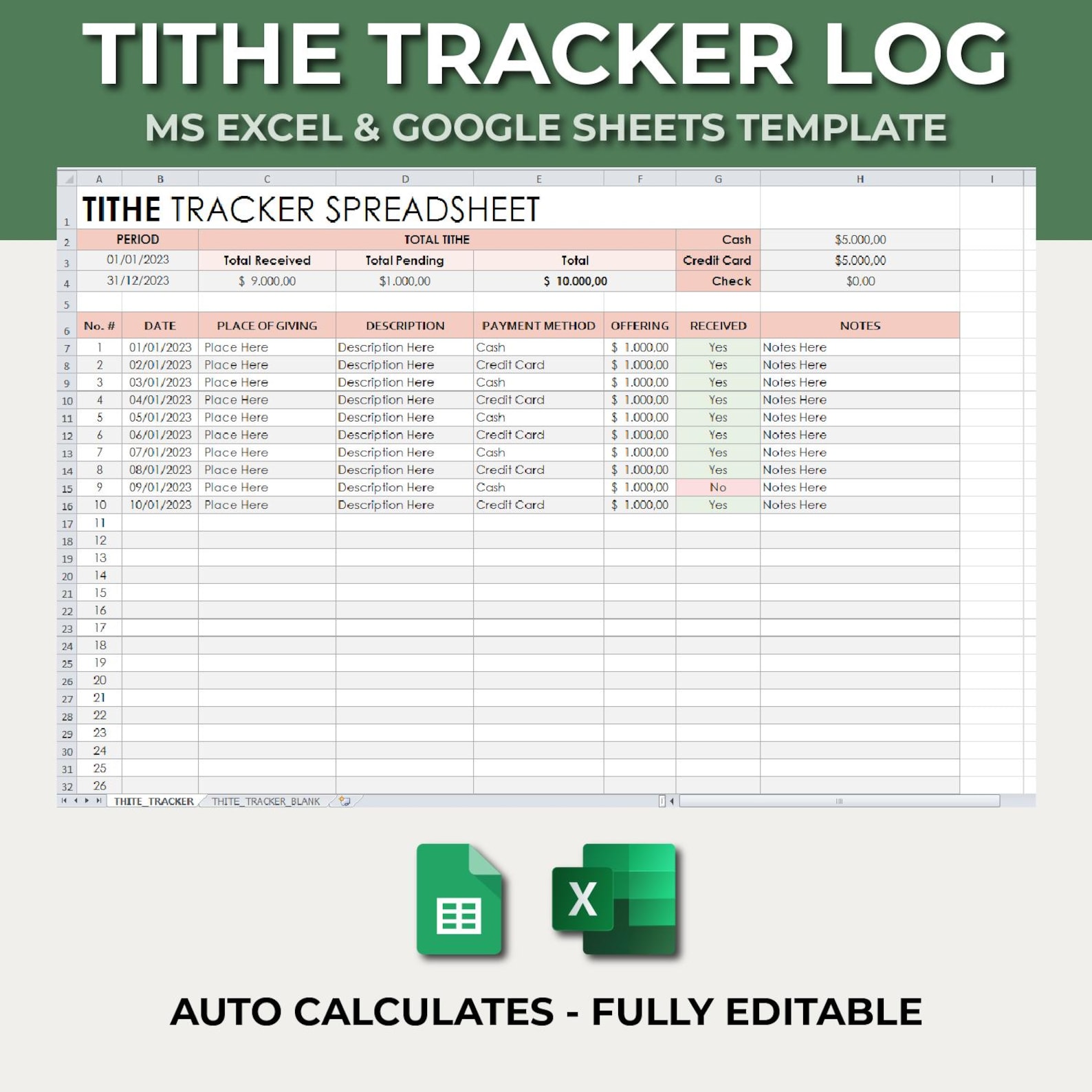 Tithe Tracker Spreadsheet Template. Excel & Google Sheets. Tithes ...