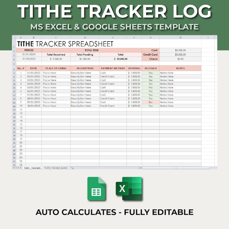 Tithe Tracker Spreadsheet Template. Excel & Google Sheets. Tithes ...