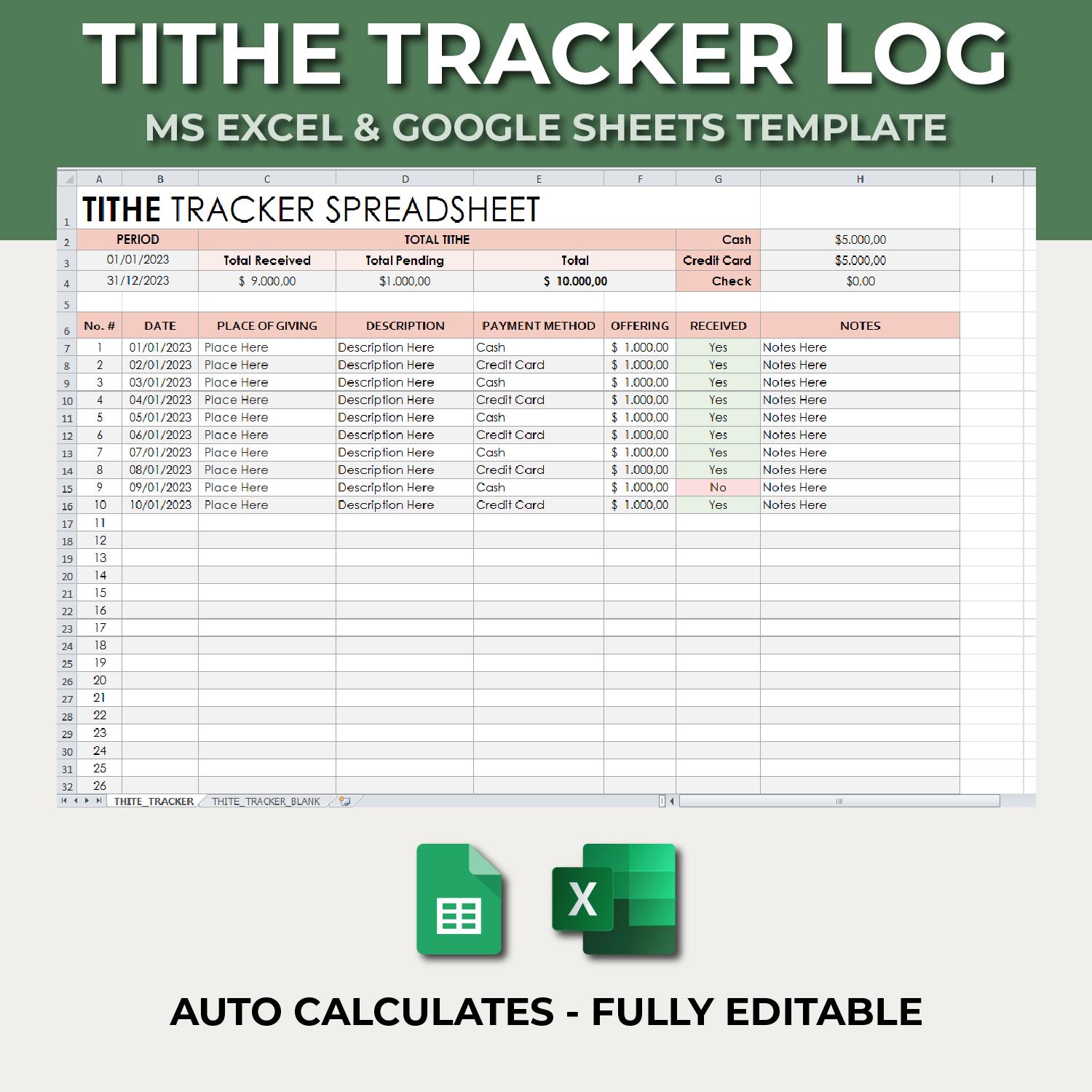 Tithe Tracker Spreadsheet Template. Excel & Google Sheets. Tithes ...