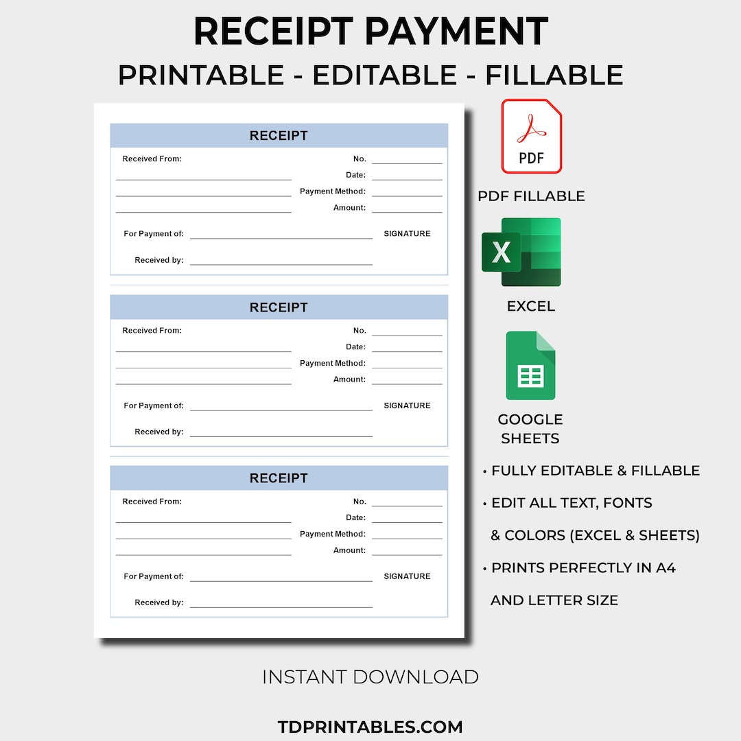 Simple Printable & Editable Receipt Form, Small Business Receipt, Sales ...