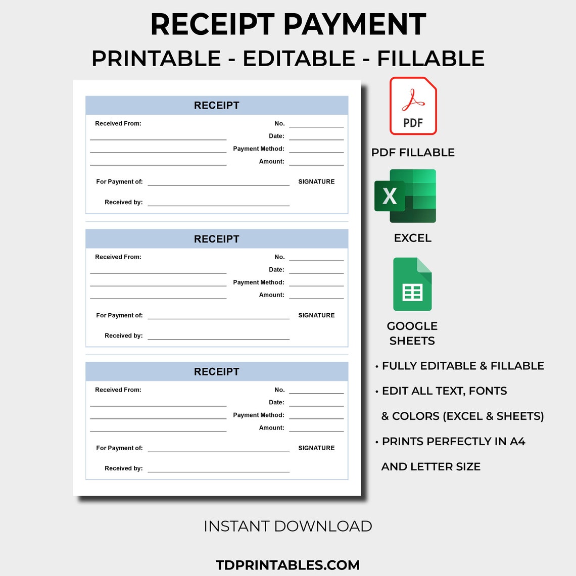 Simple Printable & Editable Receipt Form, Small Business Receipt, Sales ...