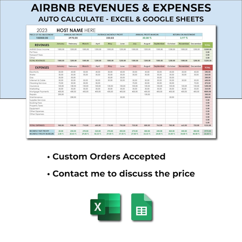 Airbnb Tracker. Airbnb Revenues & Expenses Statement. Microsoft Excel Template. Google Sheets ...