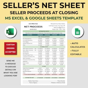 Seller Net Proceeds Sheet Template. Excel & Google Sheets. Real State ...