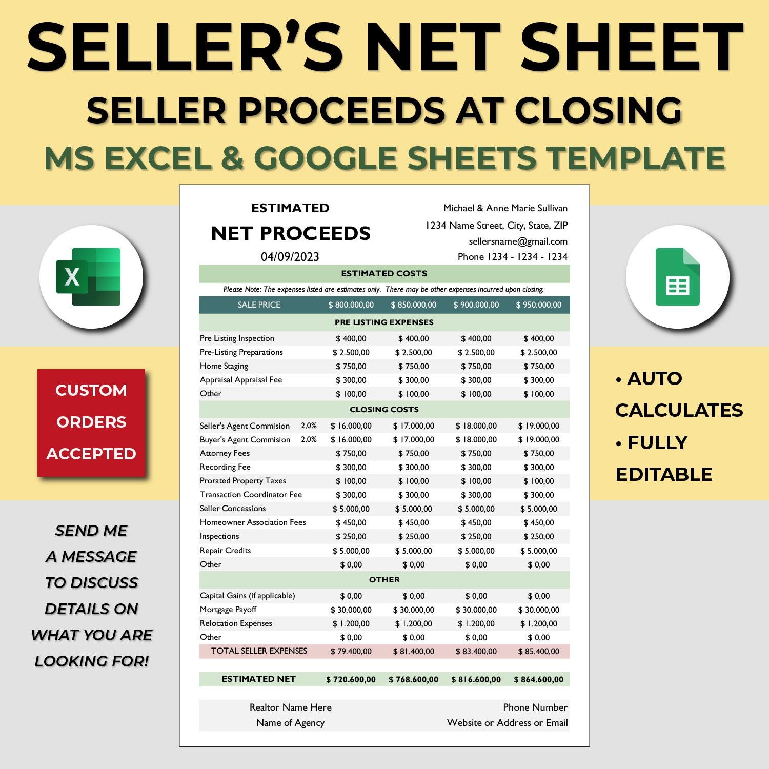 Seller Net Proceeds Sheet Template. Excel & Google Sheets. Real State ...