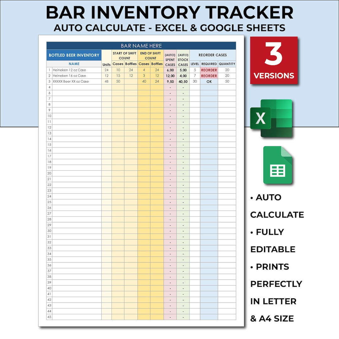 Bar & Restaurant Inventory Sheet: Beer, Liquor, Wine, Alcohol, Other ...