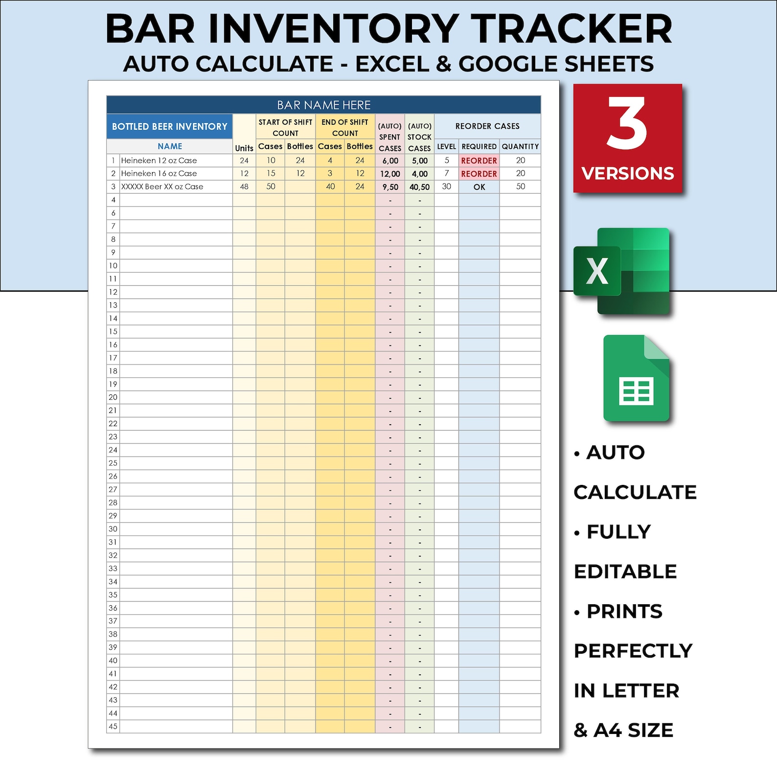 Bar & Restaurant Inventory Sheet: Beer, Liquor, Wine, Alcohol, Other ...