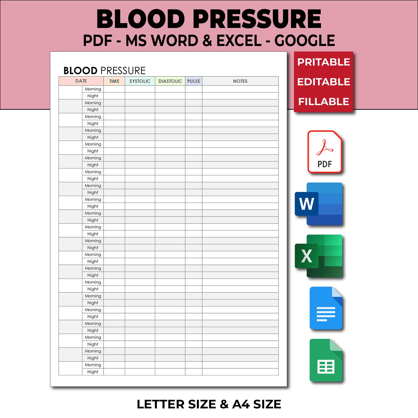 Blood Pressure Medical Health Tracker Chart Template. Blood Pressure ...