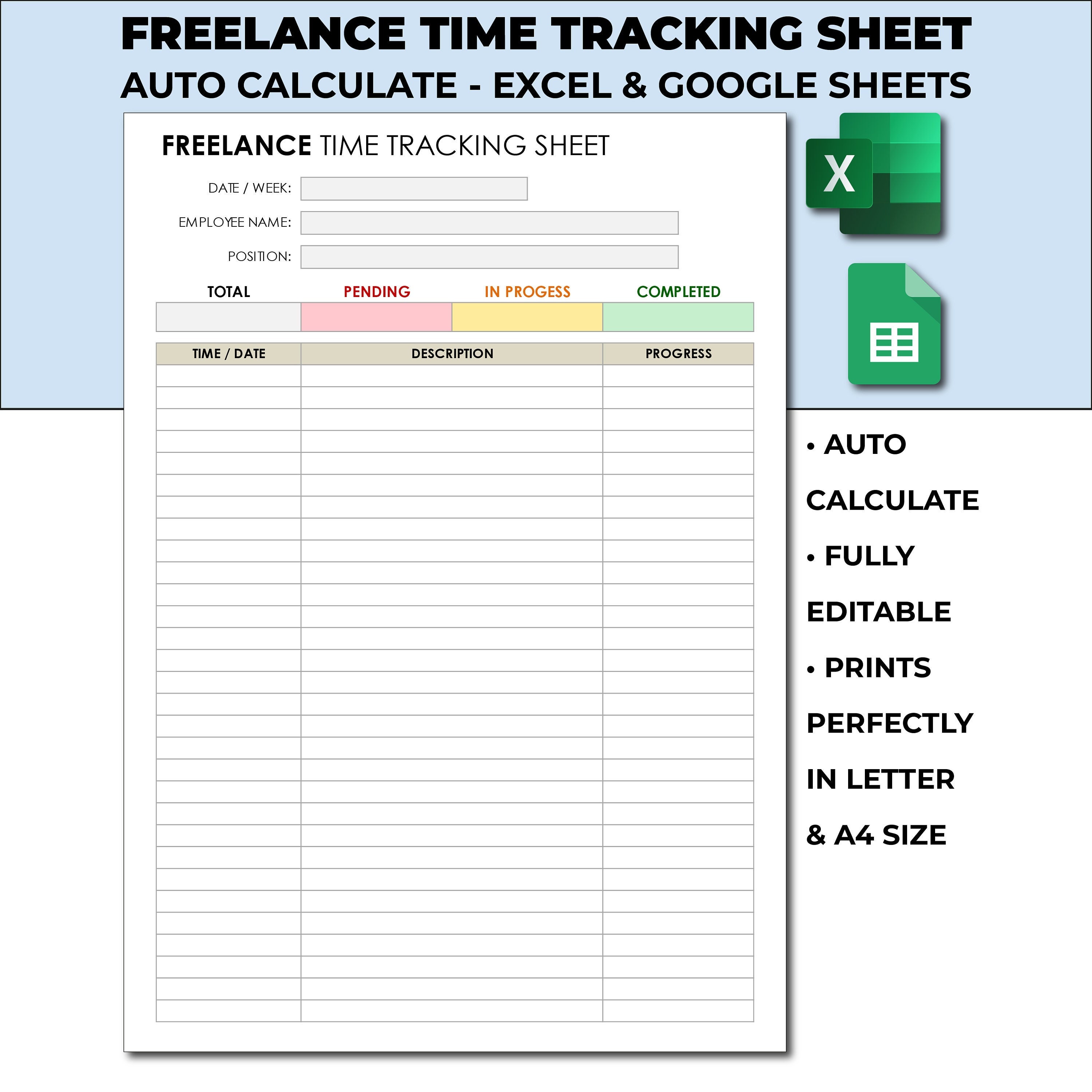 Freelance Work Timesheet Template, Time Tracking Sheet for Freelancers ...