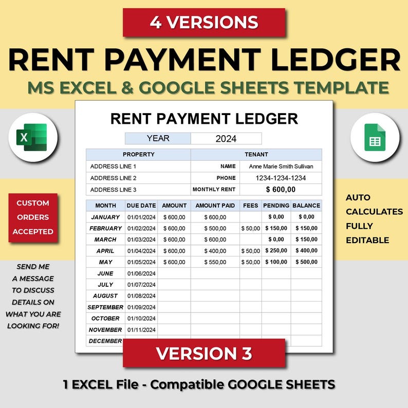 Rent Payment Ledger Template Landlord Rental Spreadsheet. Monthly Rent ...