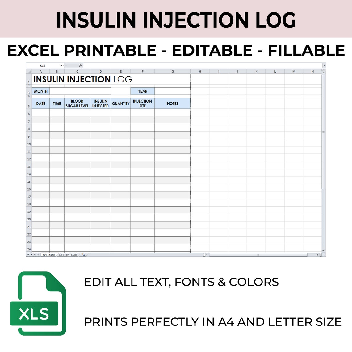 Insulin Injection Log. Insulin Injection Tracker. Diabetic Log ...