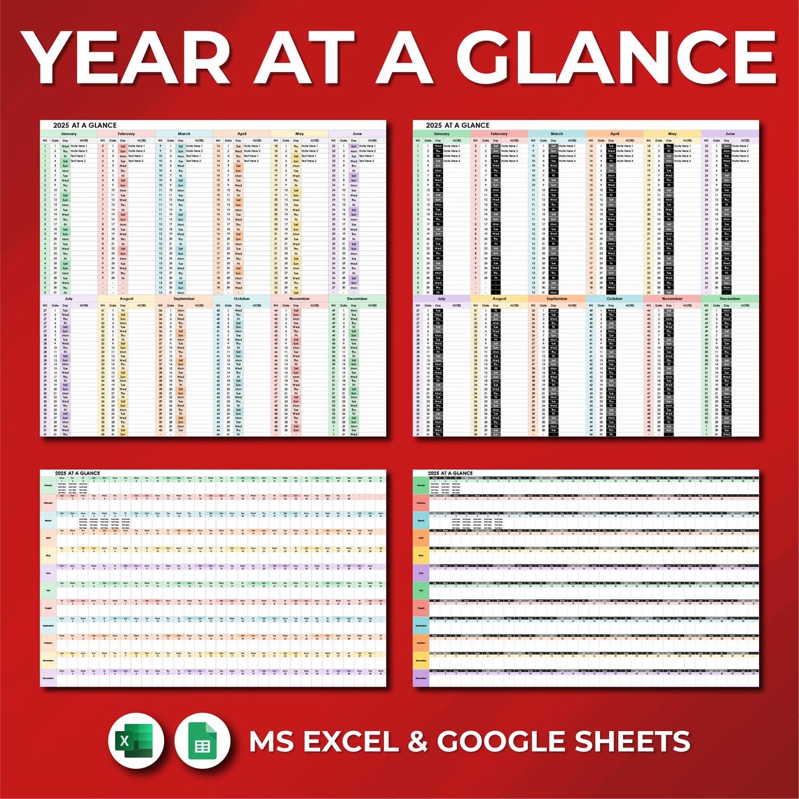 2025 at a Glance | Google Sheets & Exceñyearly Calendar Template ...