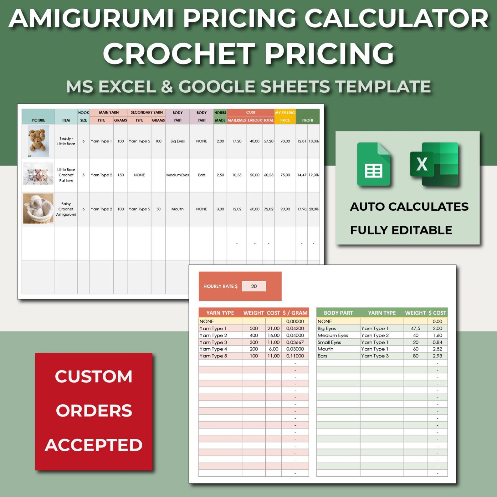 Crochet Amigurumi Pricing Spreadsheet Template. Google Sheets & Excel ...