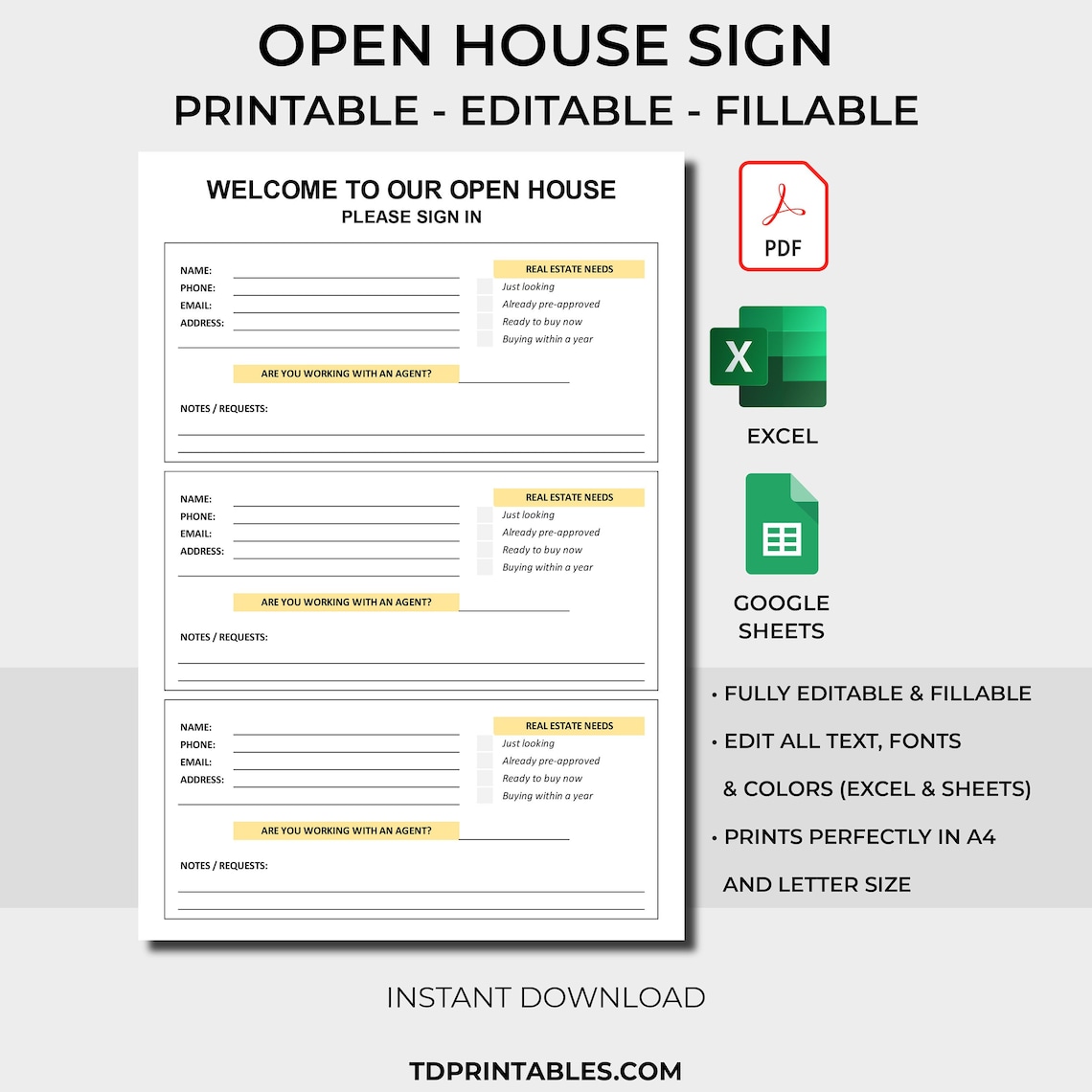 Open House Sign Sheet. Printable & Fillable PDF, Digital Download ...