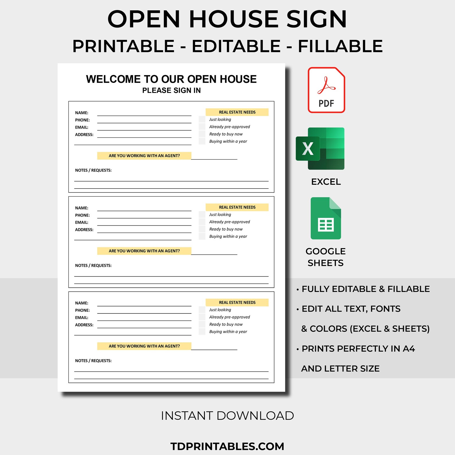 Open House Sign Sheet. Printable & Fillable PDF, Digital Download ...