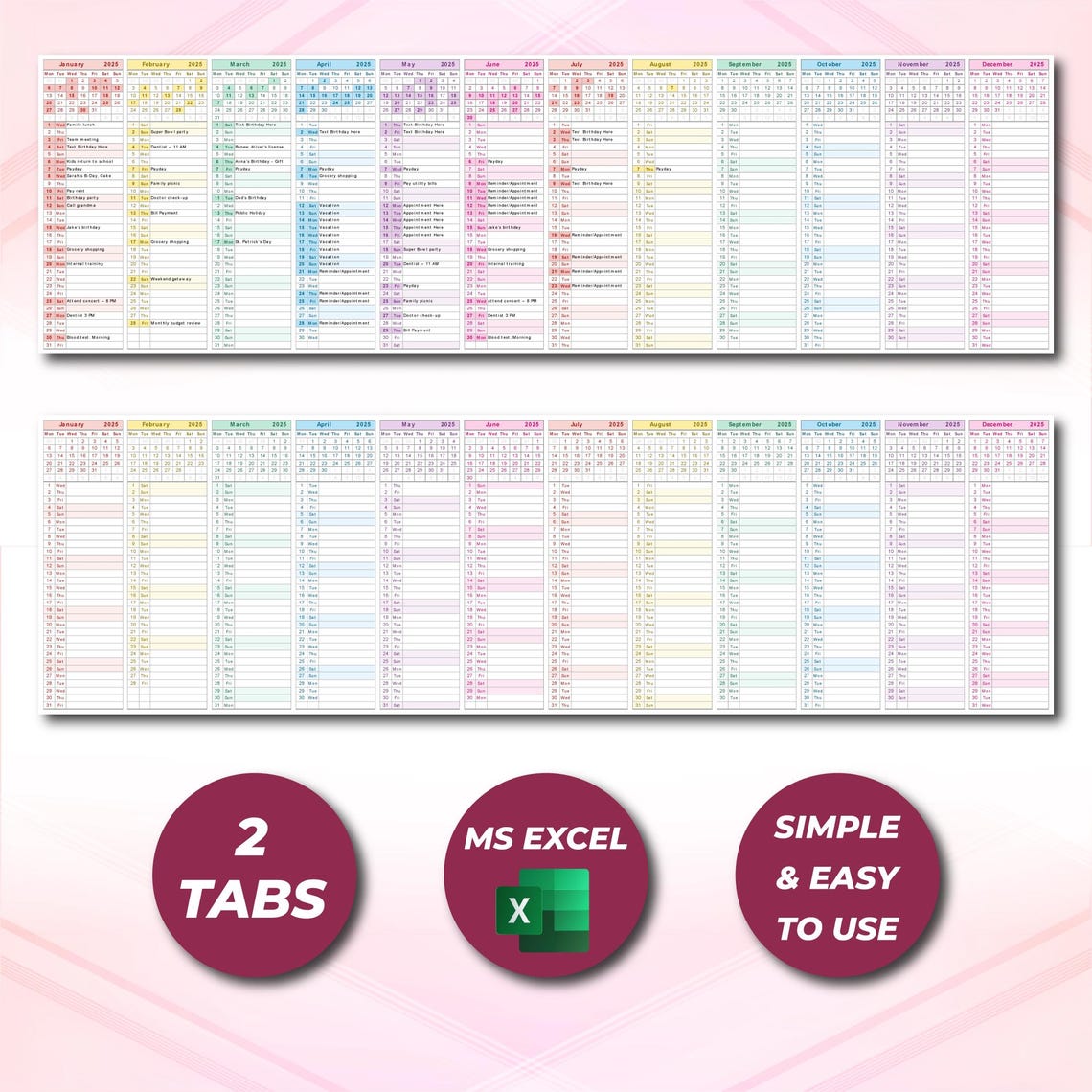 Year at A Glance Planner Excel & Google Sheet Template, 2025 2026 ...