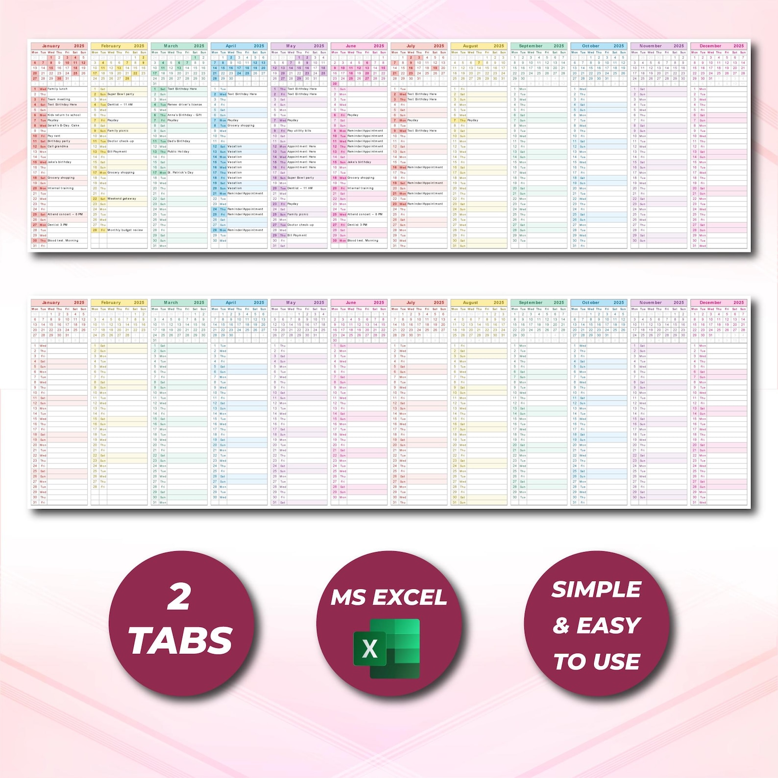 Year at A Glance Planner Excel & Google Sheet Template, 2025 2026 ...