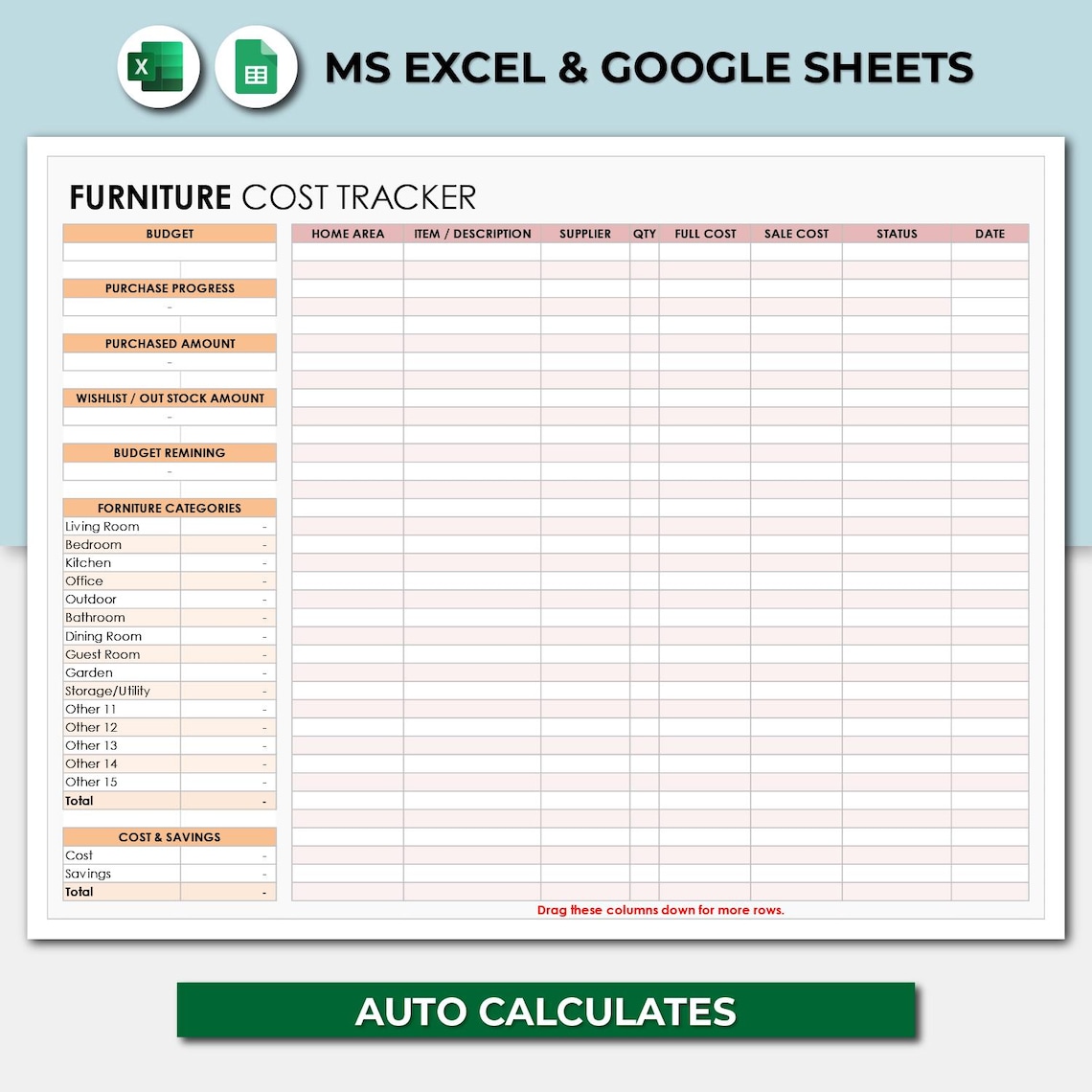 Furniture Cost Tracker | Furniture Planner | Google Sheets Excel Budget ...