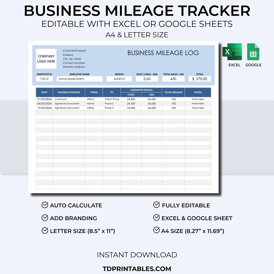 Business Mileage Log, Monthly Mileage Log, Work Mileage Tracker ...
