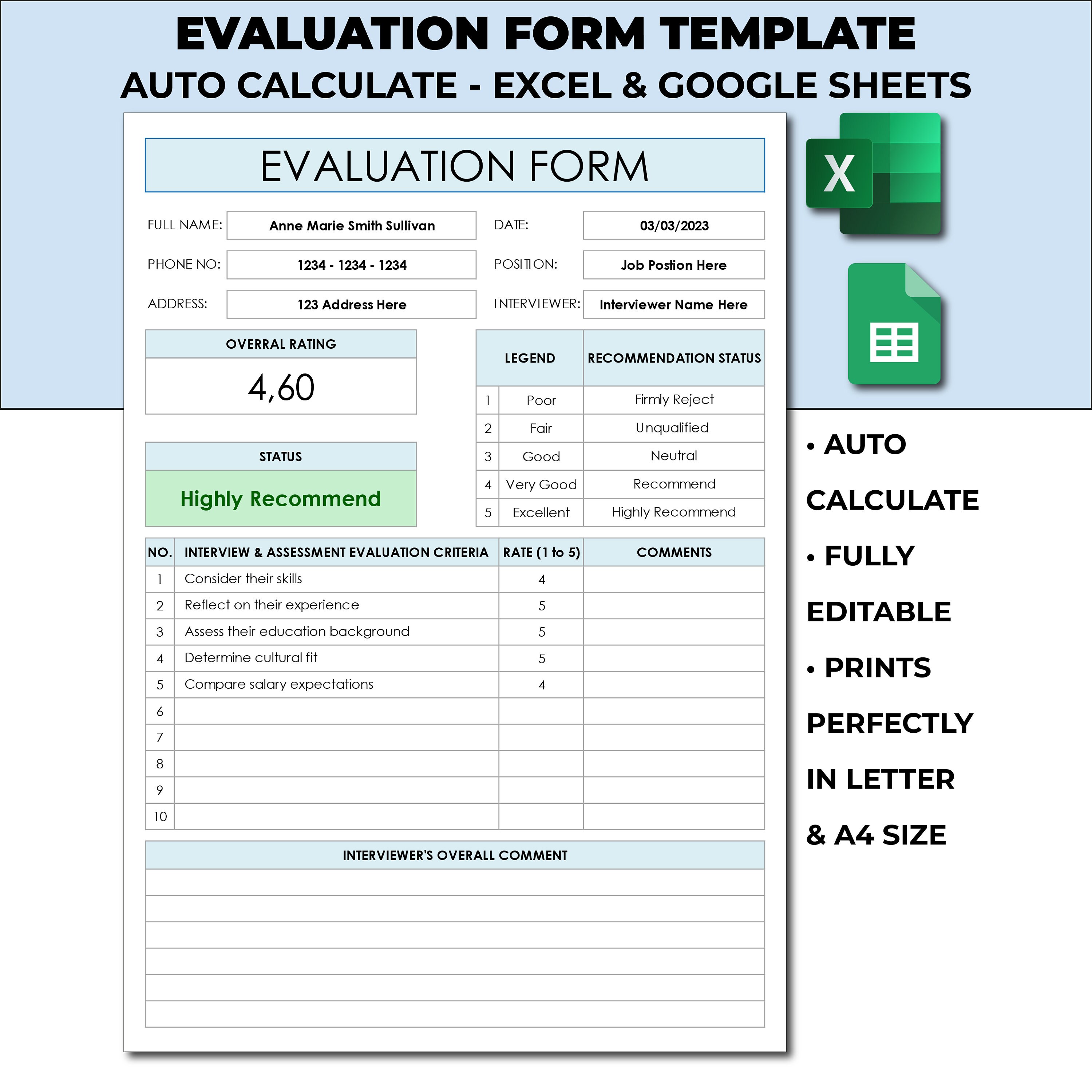 Evaluation Form Spreadsheet Template. Performance Evaluation Form ...