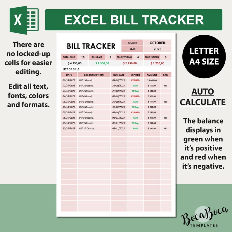 Excel Bill Tracker Template. Excel Spreadsheet Bill Management. Excel ...