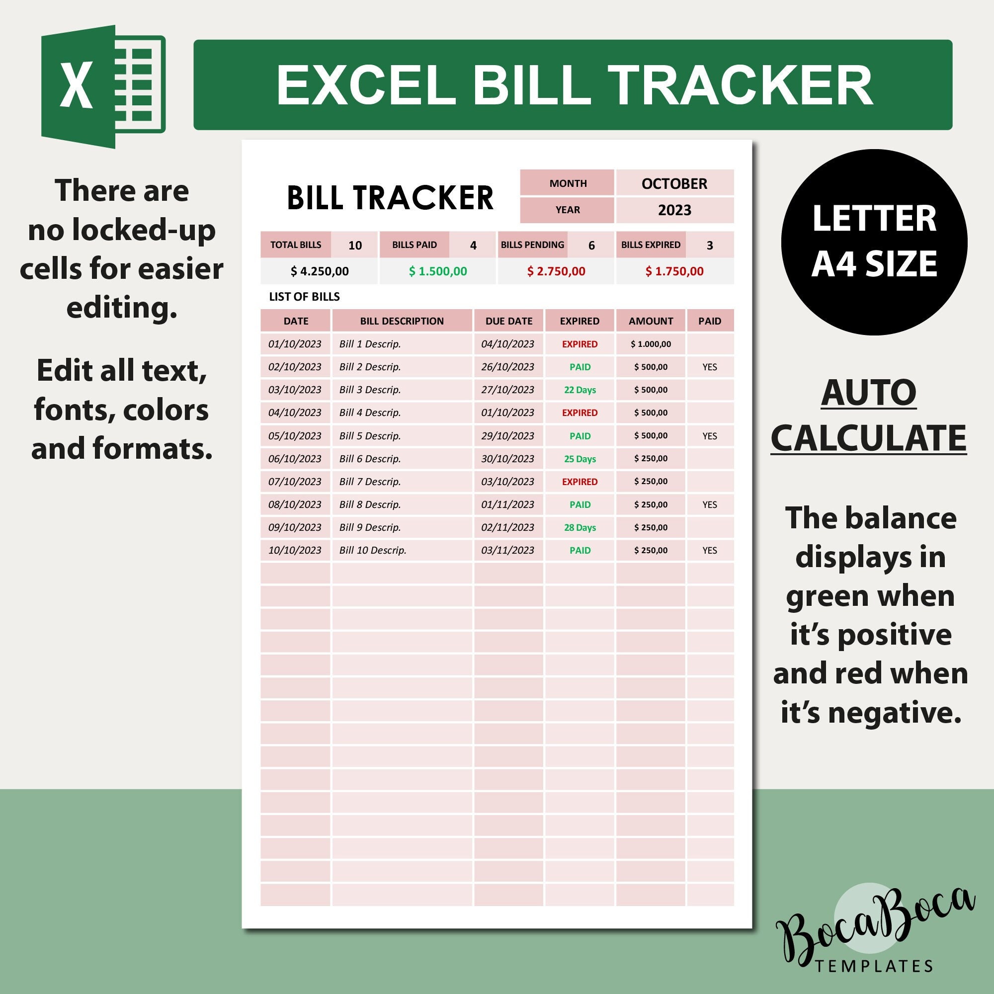 Excel Bill Tracker Template. Excel Spreadsheet Bill Management. Excel ...
